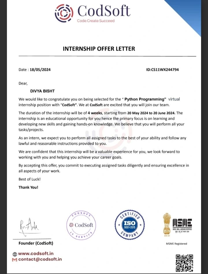 Divya Bisht on LinkedIn: #python_programming #internship #codsoft # ... Divya Bisht on LinkedIn: #python_programming #internship #codsoft # ...