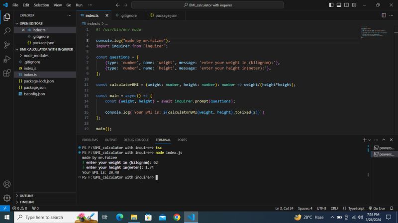 Faizan Anjum on LinkedIn: #bmi_calcultor #typescript #inquirer Faizan Anjum on LinkedIn: #bmi_calcultor #typescript #inquirer