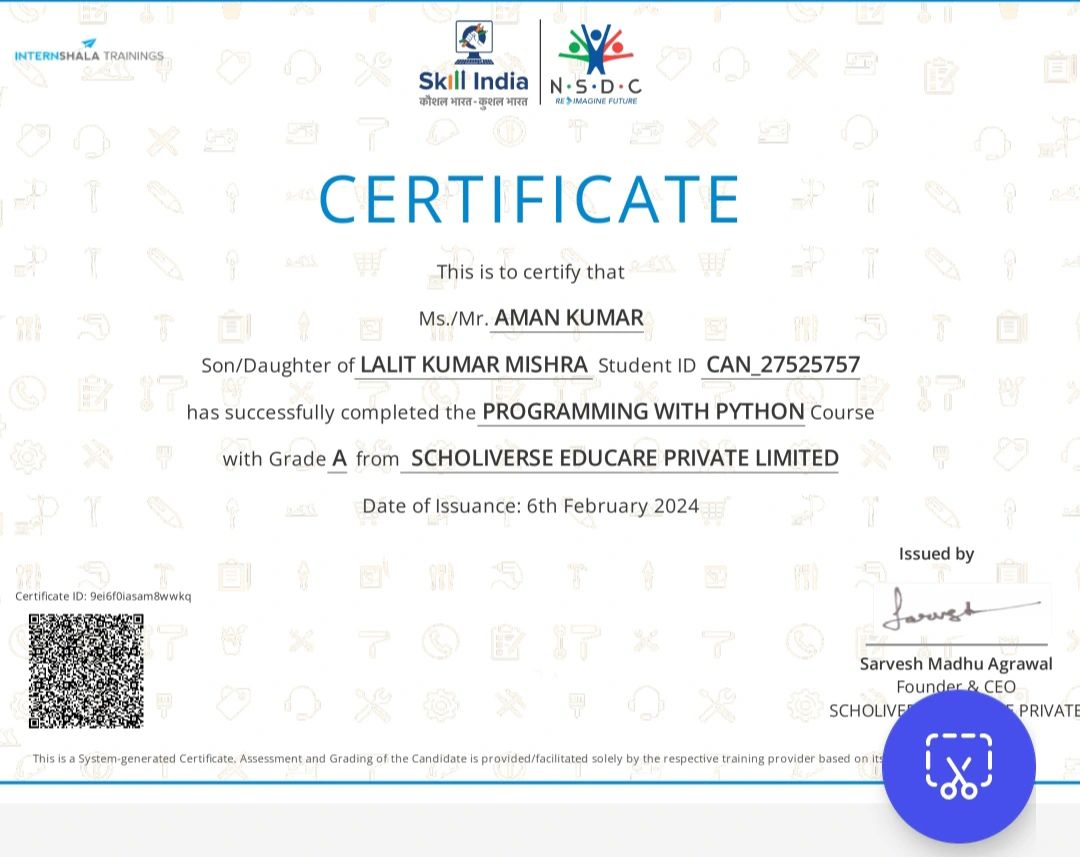 Aman kumar on LinkedIn: Programming with python certificate Aman kumar on LinkedIn: Programming with python certificate