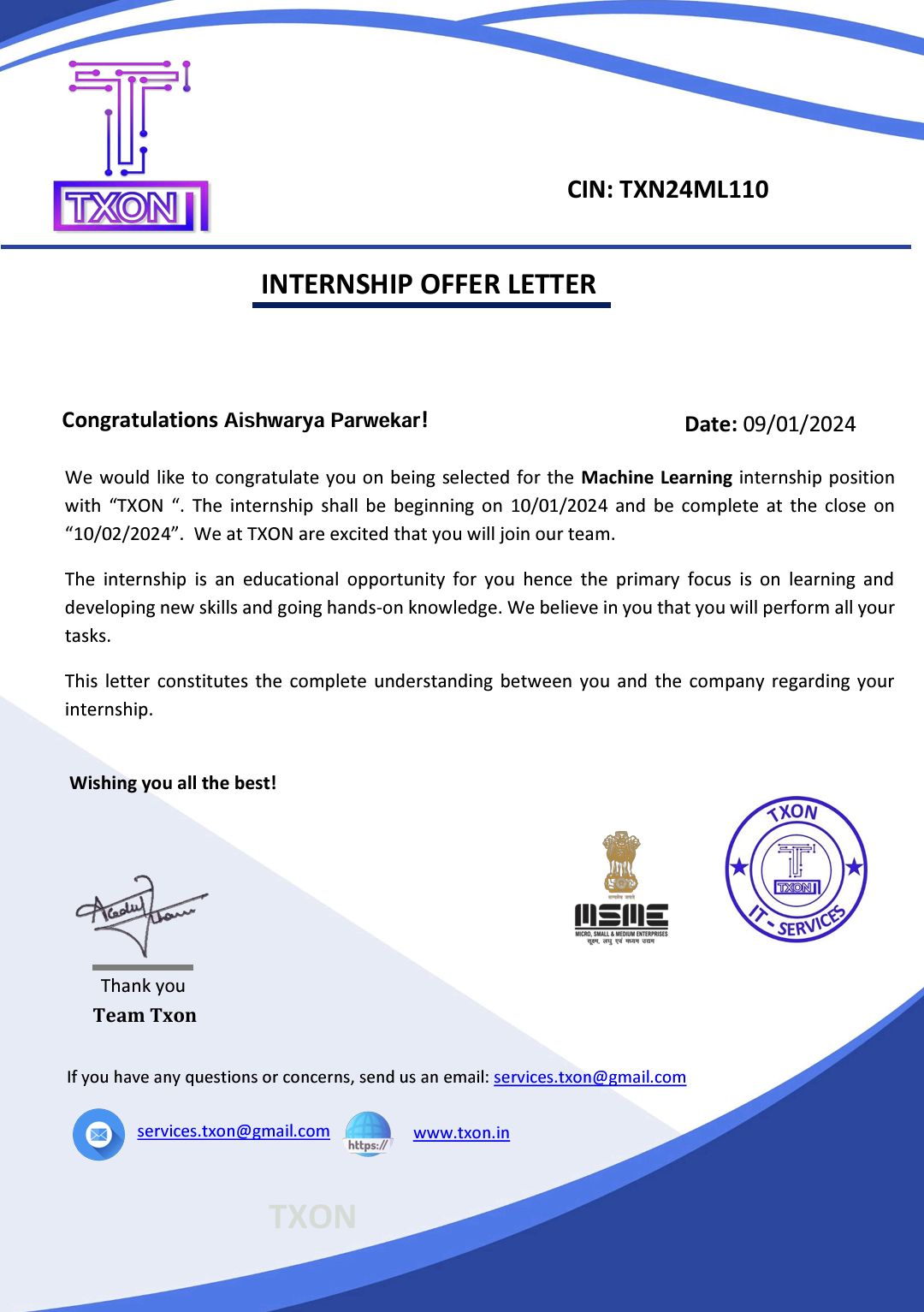 Aishwarya Parwekar on LinkedIn: #txon #internship Aishwarya Parwekar on LinkedIn: #txon #internship