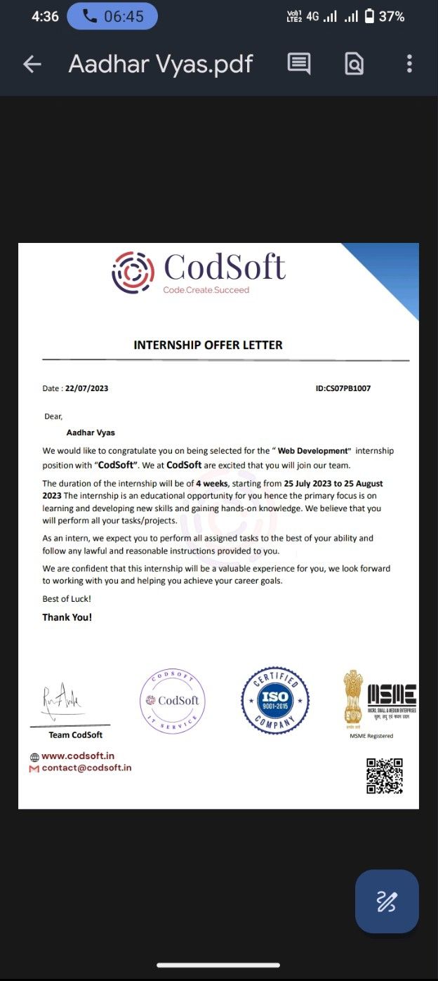 Aadhar Vyas on LinkedIn: #codsoft #internship #codsoftinternship Aadhar Vyas on LinkedIn: #codsoft #internship #codsoftinternship
