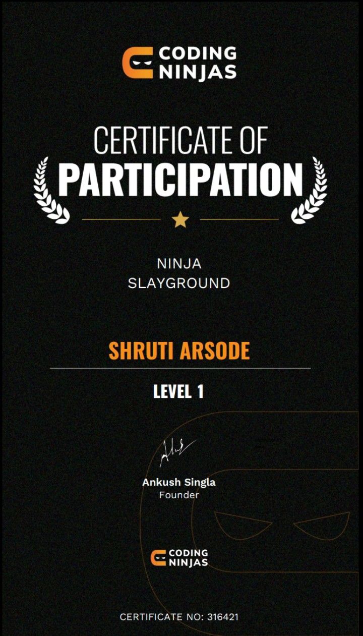 Shruti Arsode on LinkedIn: #codingninjas #slaygroundlevel1 # ... Shruti Arsode on LinkedIn: #codingninjas #slaygroundlevel1 # ...