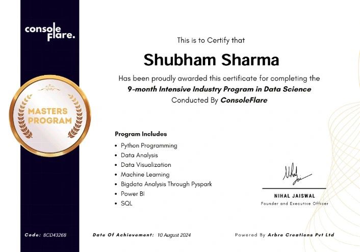 Shubham Sharma on LinkedIn: #datascience #certification #consoleflare # ... Shubham Sharma on LinkedIn: #datascience #certification #consoleflare # ...