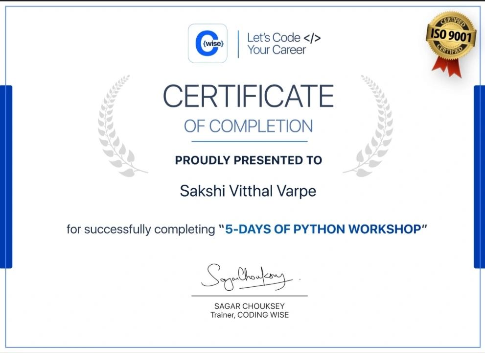 Sakshi Varpe on LinkedIn: #python #techskills #certification Sakshi Varpe on LinkedIn: #python #techskills #certification