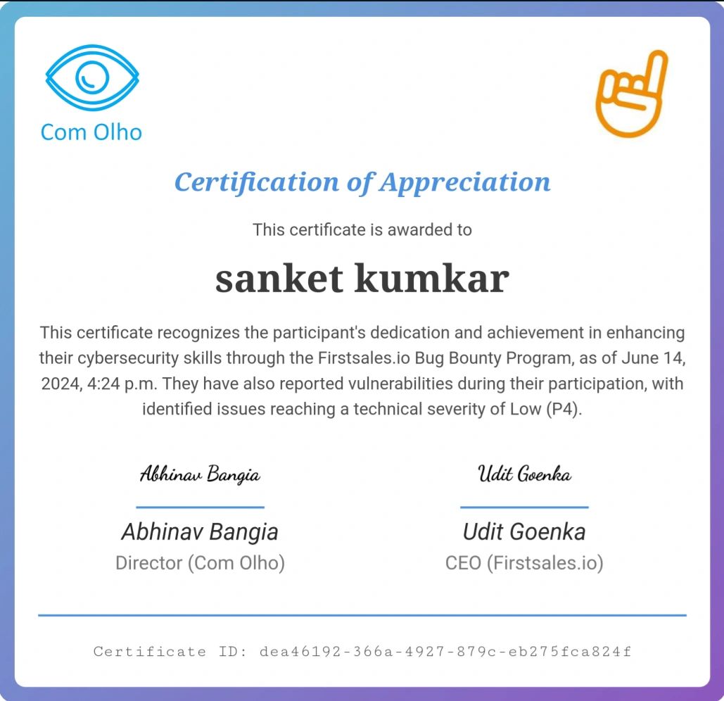 Sanket Kumkar on LinkedIn: Thanks to FirstSales.io & Com Olho Sanket Kumkar on LinkedIn: Thanks to FirstSales.io & Com Olho