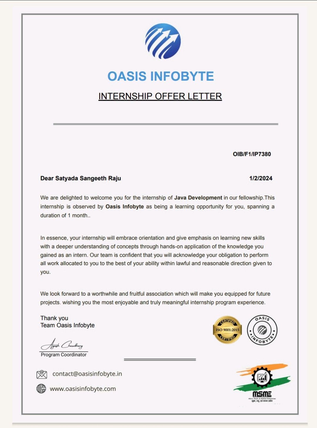 Sangeeth Satyada on LinkedIn: #oasisinfobyte #javaprogramming Sangeeth Satyada on LinkedIn: #oasisinfobyte #javaprogramming