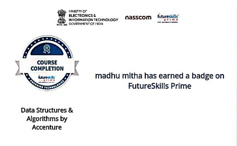 MADHUMITHA A on LinkedIn: #datastructures #algorithms #certification # ... MADHUMITHA A on LinkedIn: #datastructures #algorithms #certification # ...