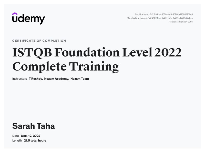 Sarah Taha on LinkedIn: #istqb #testing #udemy Sarah Taha on LinkedIn: #istqb #testing #udemy