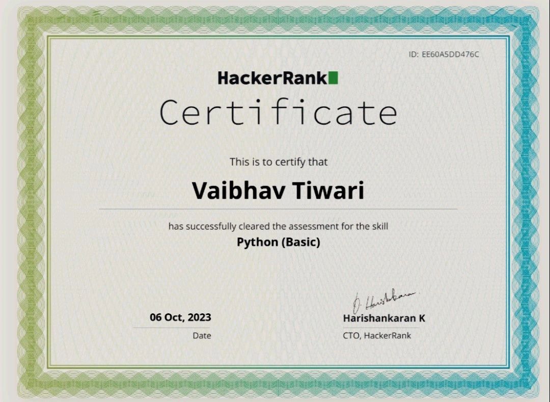 Vaibhav Tiwari on LinkedIn: #python #certificationachieved Vaibhav Tiwari on LinkedIn: #python #certificationachieved