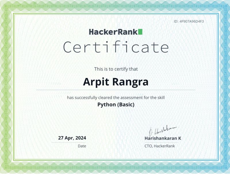 I earned a HackerRank Python Certification! | Arpit Rangra posted on ... I earned a HackerRank Python Certification! | Arpit Rangra posted on ...