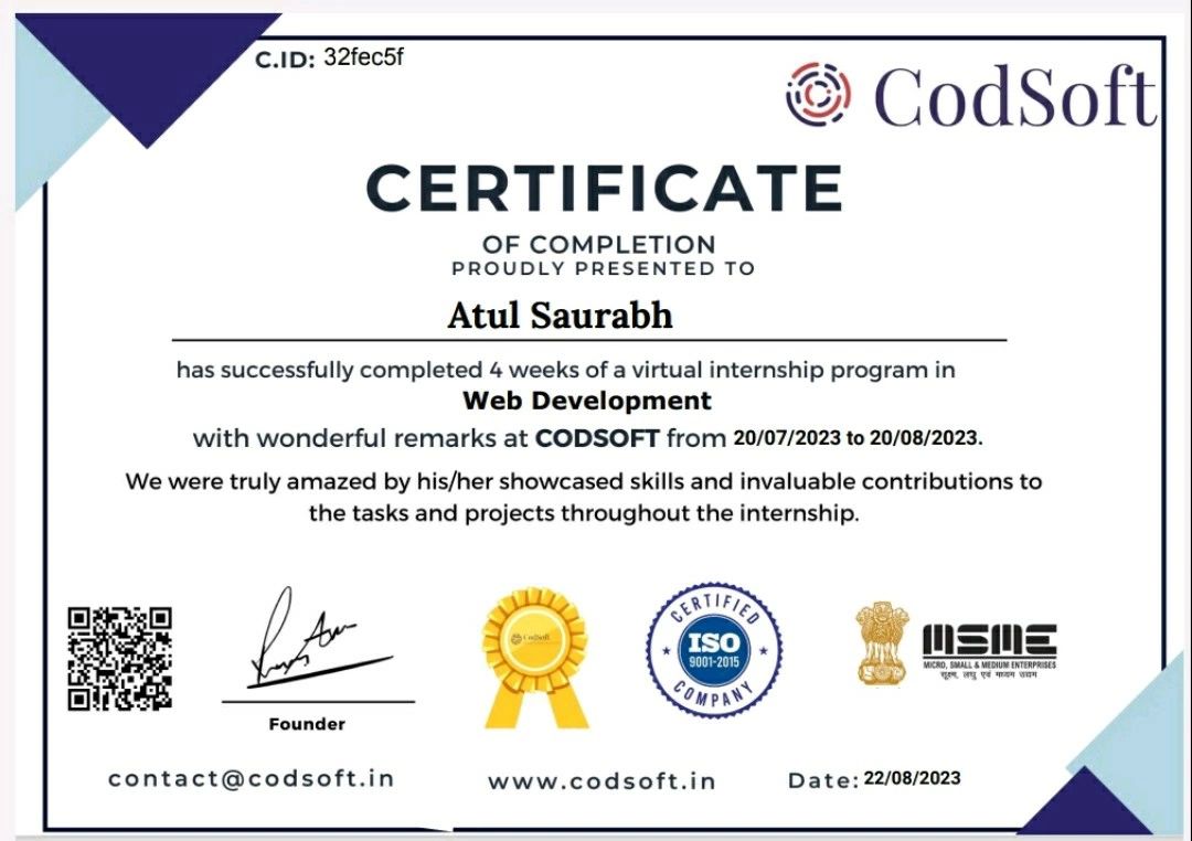 Atul Saurabh on LinkedIn: #codsoft #codsoft #intership #webdevelopment Atul Saurabh on LinkedIn: #codsoft #codsoft #intership #webdevelopment