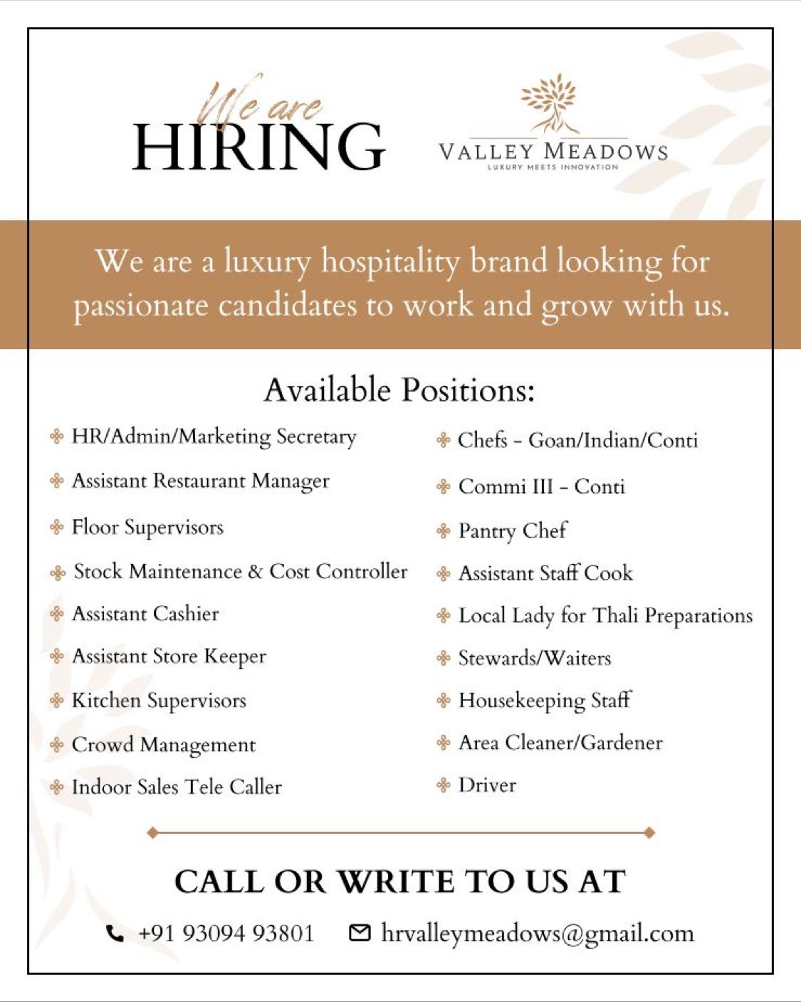 Valley Meadows Hospitality on LinkedIn: #wearehiring Valley Meadows Hospitality on LinkedIn: #wearehiring