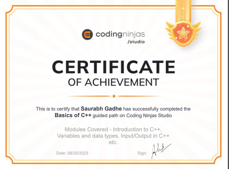 Completed C++ Programming course with Coding Ninjas | Saurabh Gadhe ... Completed C++ Programming course with Coding Ninjas | Saurabh Gadhe ...