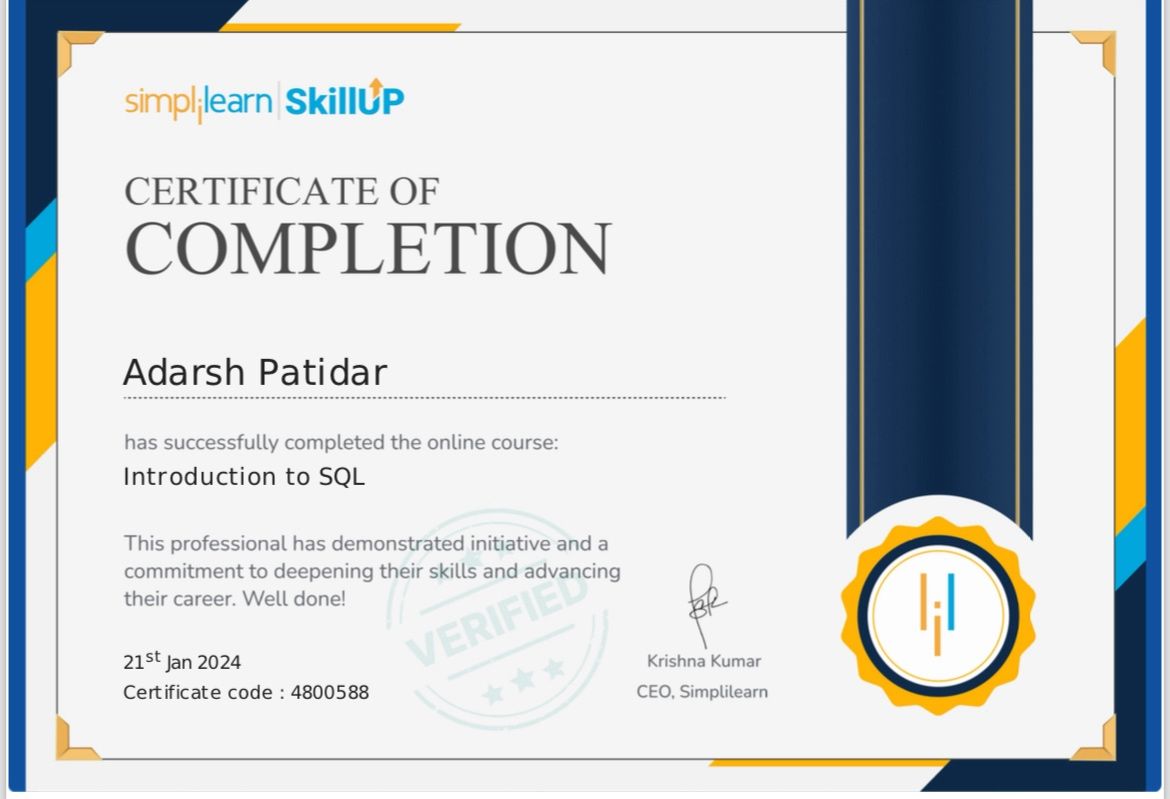 Completion of SQL course by Simplilearn | Adarsh Patidar posted on the ... Completion of SQL course by Simplilearn | Adarsh Patidar posted on the ...