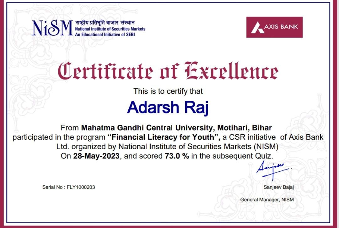 Adarsh Raj on LinkedIn: certificate of excellence by NISM Adarsh Raj on LinkedIn: certificate of excellence by NISM