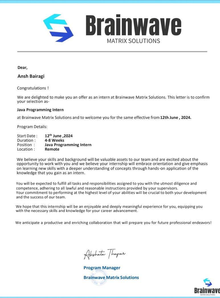 Ansh Bairagi on LinkedIn: #careermilestone #javaprogramming #internship ... Ansh Bairagi on LinkedIn: #careermilestone #javaprogramming #internship ...