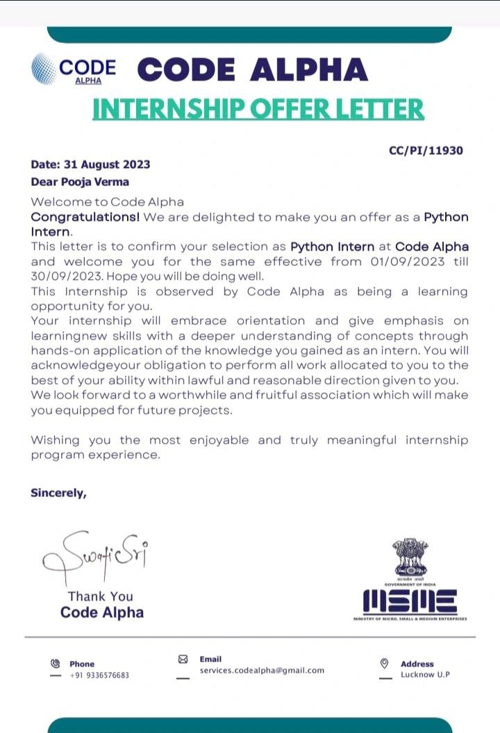 Pooja Verma on LinkedIn: #codealpha #internship #pythonprogramming Pooja Verma on LinkedIn: #codealpha #internship #pythonprogramming
