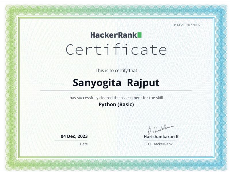 SANYOGITA RAJPUT on LinkedIn: #python #hackerrank #certificate # ... SANYOGITA RAJPUT on LinkedIn: #python #hackerrank #certificate # ...
