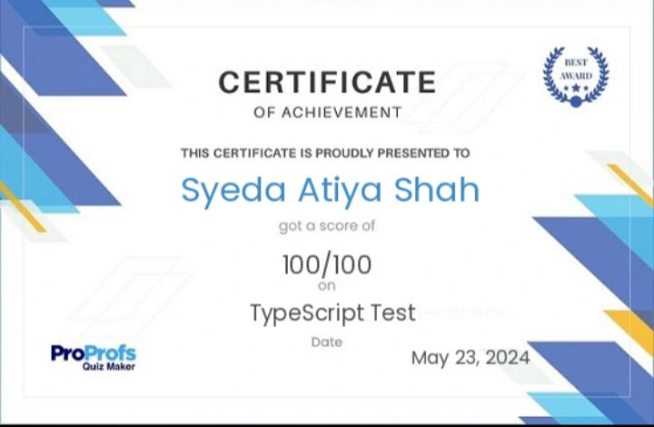 Grateful for my TypeScript certificate | Atiya Shah posted on the topic ... Grateful for my TypeScript certificate | Atiya Shah posted on the topic ...