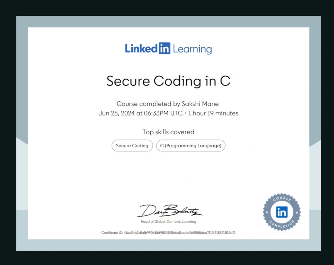 Sakshi Mane on LinkedIn: #securecoding #cprogramming #linkedinlearning Sakshi Mane on LinkedIn: #securecoding #cprogramming #linkedinlearning