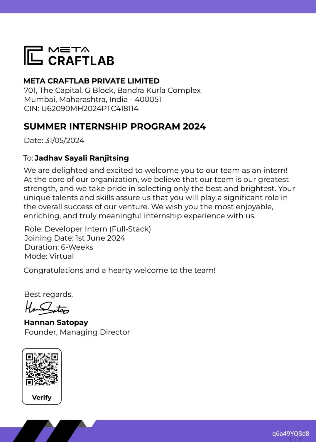 SAYALI JADHAV on LinkedIn: #summerinternship #offerletter SAYALI JADHAV on LinkedIn: #summerinternship #offerletter