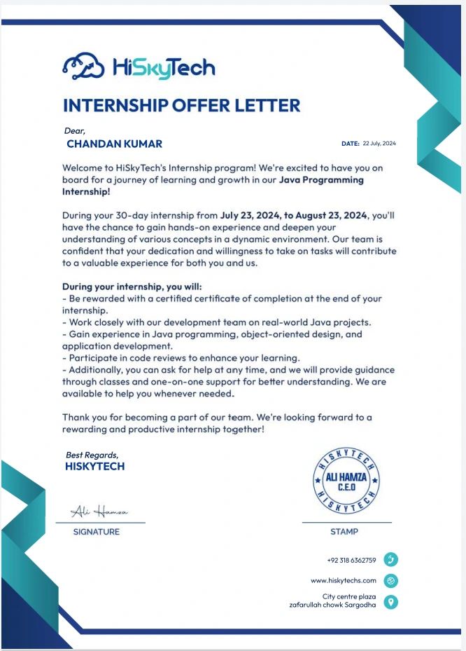 Chandan Kumar on LinkedIn: #java #internship #hiskytech #programming # ... Chandan Kumar on LinkedIn: #java #internship #hiskytech #programming # ...
