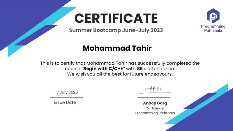 Tahir Mohammad on LinkedIn: #cplusplus #programmingpathshala #certificate Tahir Mohammad on LinkedIn: #cplusplus #programmingpathshala #certificate