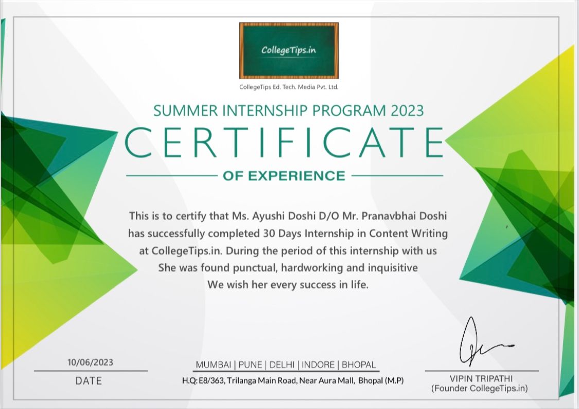 Ayushi Doshi on LinkedIn: #internship #work #experience Ayushi Doshi on LinkedIn: #internship #work #experience