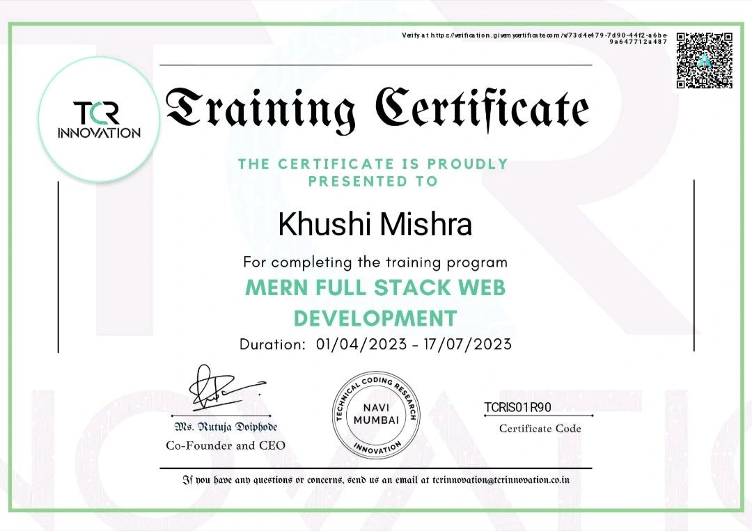 Khushi Mishra on LinkedIn: Mern Stack Training Completion Certificate Khushi Mishra on LinkedIn: Mern Stack Training Completion Certificate