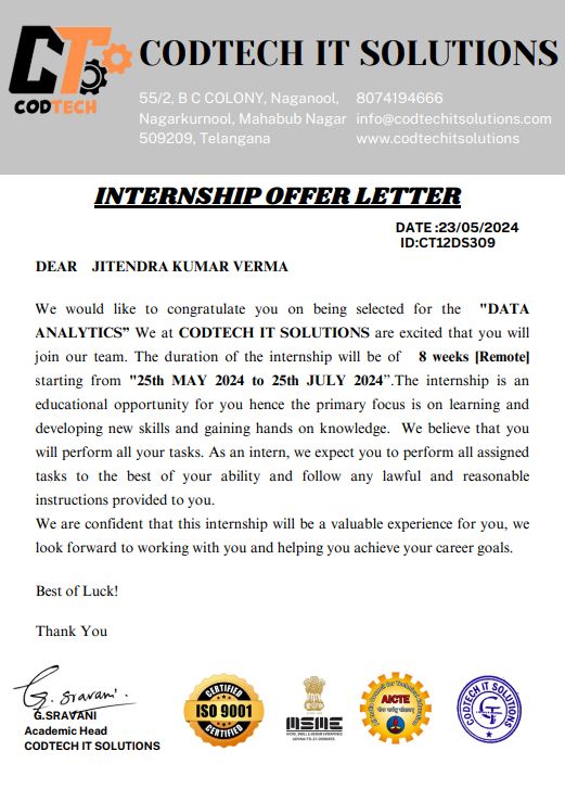 Jitendra Kumar Verma on LinkedIn: CODTECH Internship Offer Latter Jitendra Kumar Verma on LinkedIn: CODTECH Internship Offer Latter