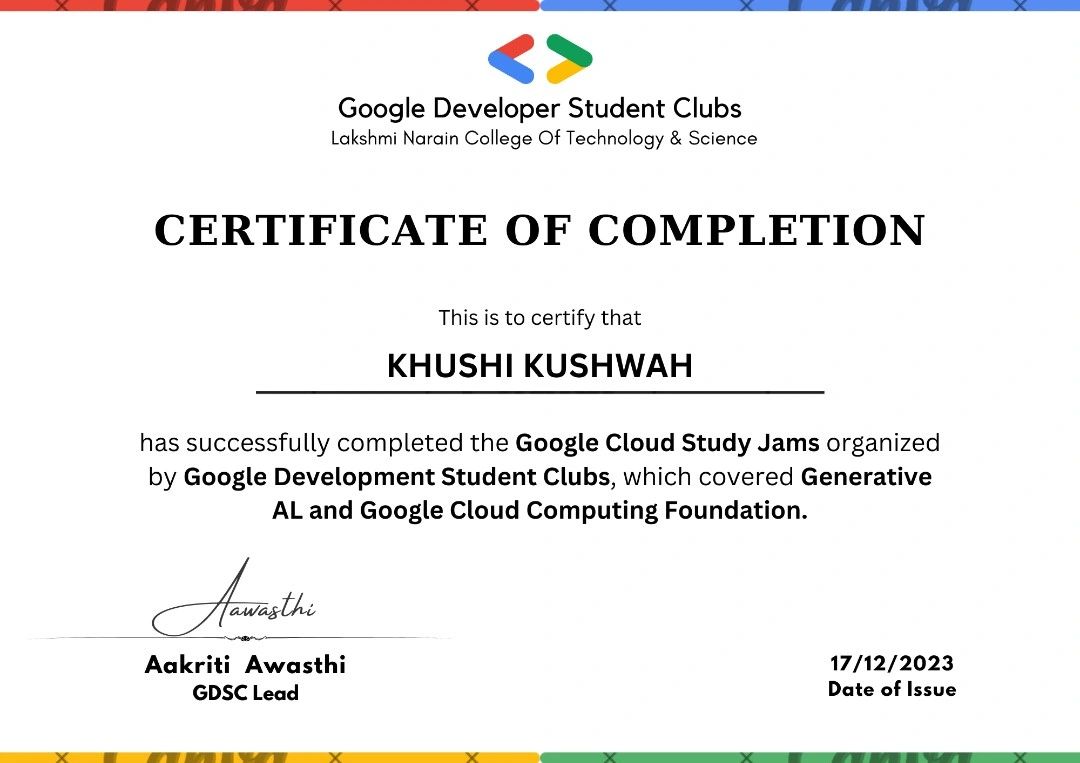 Khushi Kushwah on LinkedIn: #generativeai #studyjam #gdsc #cloudcomputing Khushi Kushwah on LinkedIn: #generativeai #studyjam #gdsc #cloudcomputing