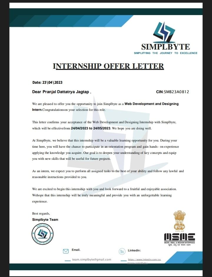 Pranjal Jagtap on LinkedIn: #simplbyte #simplbyte #simplbyteintern # ... Pranjal Jagtap on LinkedIn: #simplbyte #simplbyte #simplbyteintern # ...