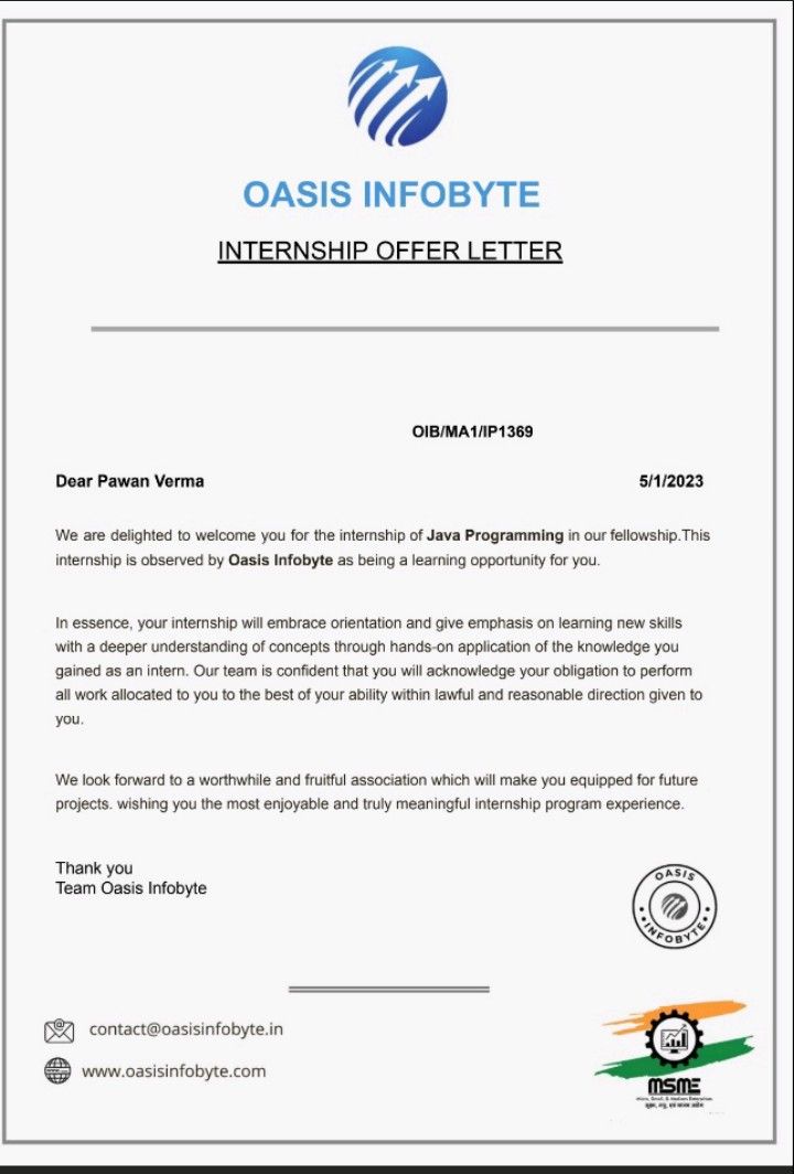 Pawan Verma on LinkedIn: #thankyou #oasisinfobyte #javaprogramming # ... Pawan Verma on LinkedIn: #thankyou #oasisinfobyte #javaprogramming # ...