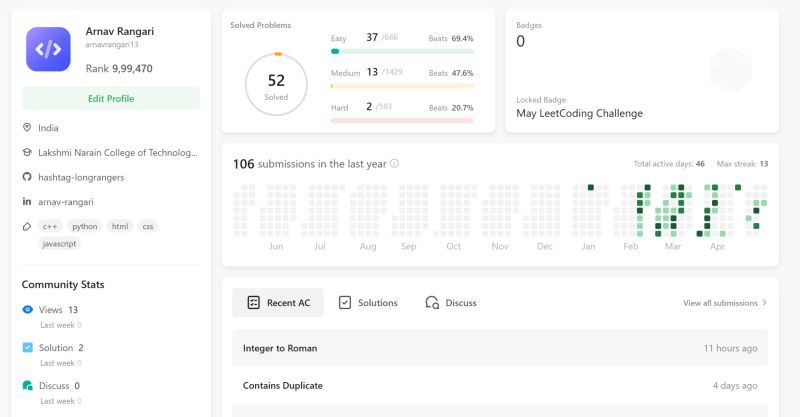 Arnav R. on LinkedIn: #leetcode #codingjourney #achievementunlocked # ... Arnav R. on LinkedIn: #leetcode #codingjourney #achievementunlocked # ...
