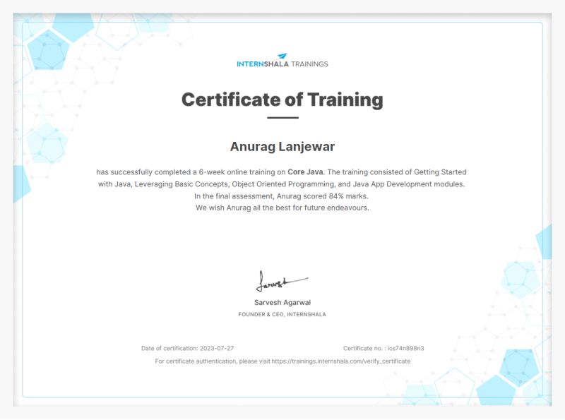 Anurag Lanjewar on LinkedIn: #java #programming #internshala #nsdc # ... Anurag Lanjewar on LinkedIn: #java #programming #internshala #nsdc # ...