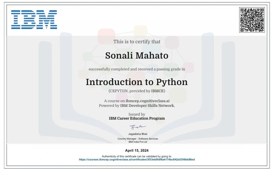 Sonali Mahato on LinkedIn: #ibm #python #certification # ... Sonali Mahato on LinkedIn: #ibm #python #certification # ...