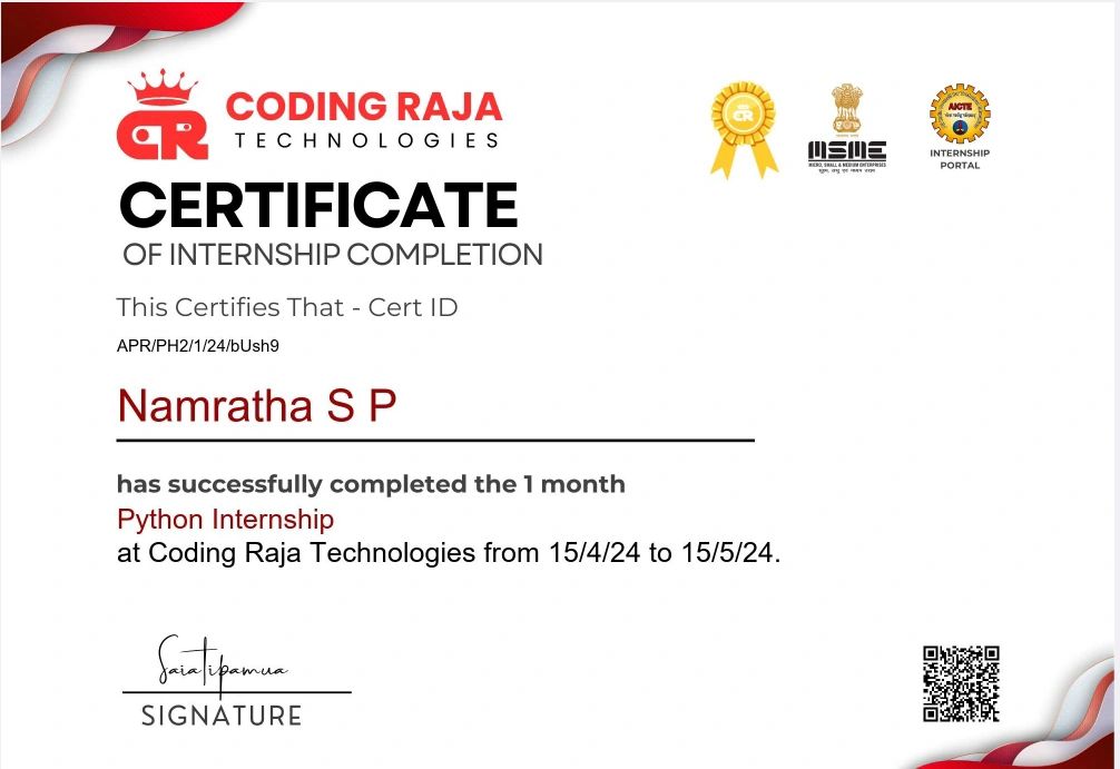 Namratha S P on LinkedIn: Successfully completed my Python internship ... Namratha S P on LinkedIn: Successfully completed my Python internship ...