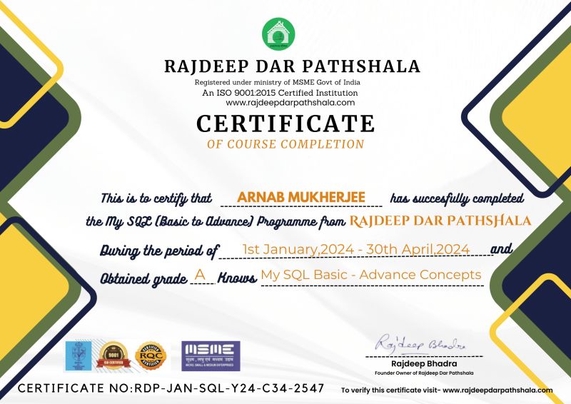 Arnab Mukherjee on LinkedIn: has successfully completed the My SQL ... Arnab Mukherjee on LinkedIn: has successfully completed the My SQL ...