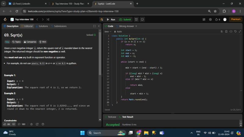Day 26 of LeetCode challenge: Number 69. Sqrt(x) | Gajendra Gour posted ... Day 26 of LeetCode challenge: Number 69. Sqrt(x) | Gajendra Gour posted ...