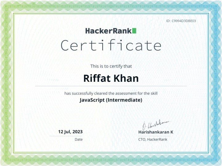 Riffat Jabeen on LinkedIn: #hackerrank #javascript #certification # ... Riffat Jabeen on LinkedIn: #hackerrank #javascript #certification # ...