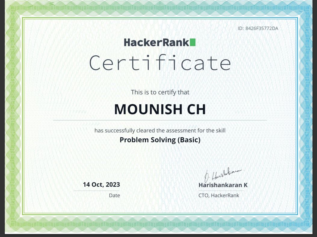 Completed Problem Solving course on HackerRank | Mounish CH posted on ... Completed Problem Solving course on HackerRank | Mounish CH posted on ...