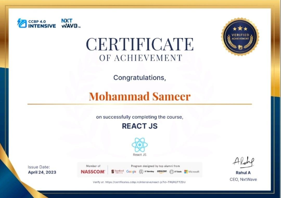 Sameer Mohammad on LinkedIn: #reactjs #ccbp #learning #nxtwaveteam # ... Sameer Mohammad on LinkedIn: #reactjs #ccbp #learning #nxtwaveteam # ...