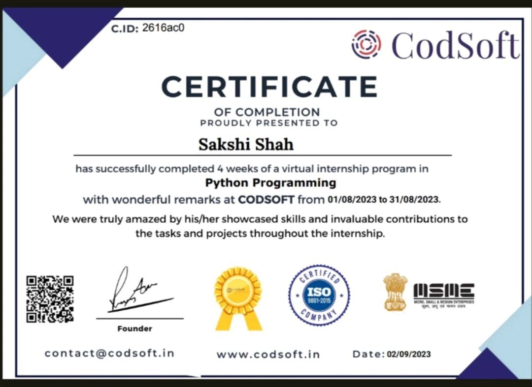Sakshi Shah on LinkedIn: #codsoft #learningopportunities #python Sakshi Shah on LinkedIn: #codsoft #learningopportunities #python