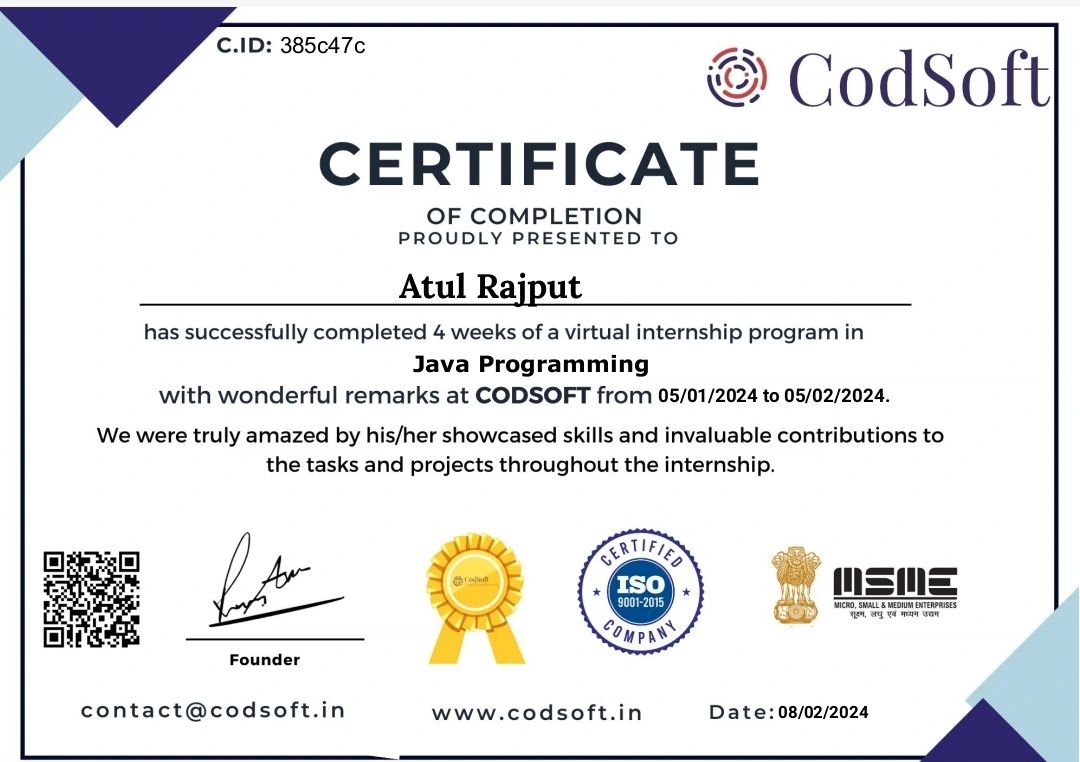 Atul Rajput on LinkedIn: #codsoft #javaprogramming #javadevelopment # ... Atul Rajput on LinkedIn: #codsoft #javaprogramming #javadevelopment # ...