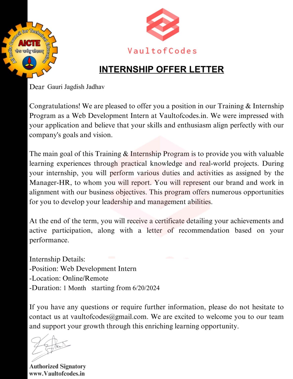 Gauri Jadhav on LinkedIn: #vaultofcodes #aicte #internship #webdevelopment Gauri Jadhav on LinkedIn: #vaultofcodes #aicte #internship #webdevelopment