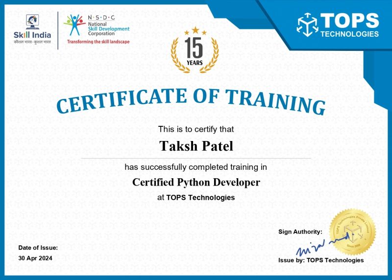TAKSH PATEL on LinkedIn: #pythondeveloper #certification #codingjourney TAKSH PATEL on LinkedIn: #pythondeveloper #certification #codingjourney