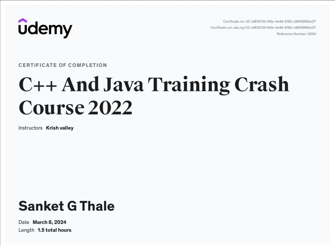 Sanket Thale on LinkedIn: #cplusplus #java #udemygraduate Sanket Thale on LinkedIn: #cplusplus #java #udemygraduate