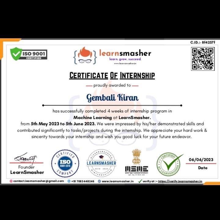 Kiran Gembali on LinkedIn: #internship #learnsmasher #machinelearning Kiran Gembali on LinkedIn: #internship #learnsmasher #machinelearning