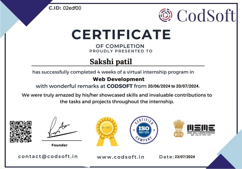 Sakshi Patil on LinkedIn: #codsoft #webdevelopment #internship Sakshi Patil on LinkedIn: #codsoft #webdevelopment #internship