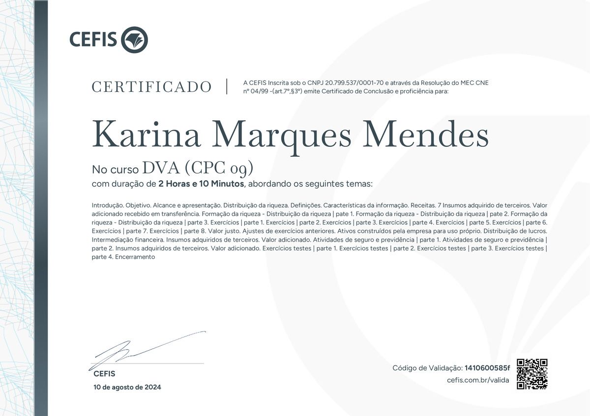 Karina Mendes no LinkedIn: Conquistei mais um certificado na CEFIS! O ... Karina Mendes no LinkedIn: Conquistei mais um certificado na CEFIS! O ...